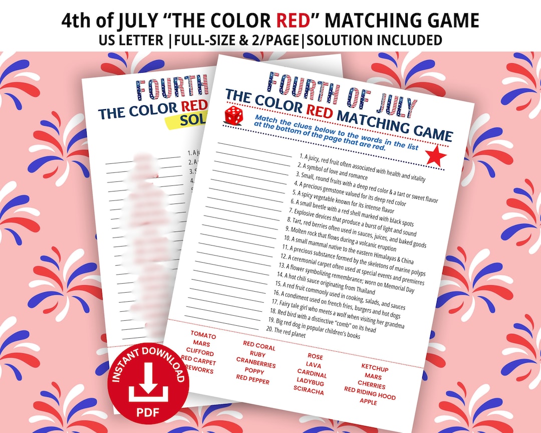 4th of July the Color Red Matching Game, Fourth of July Games ...