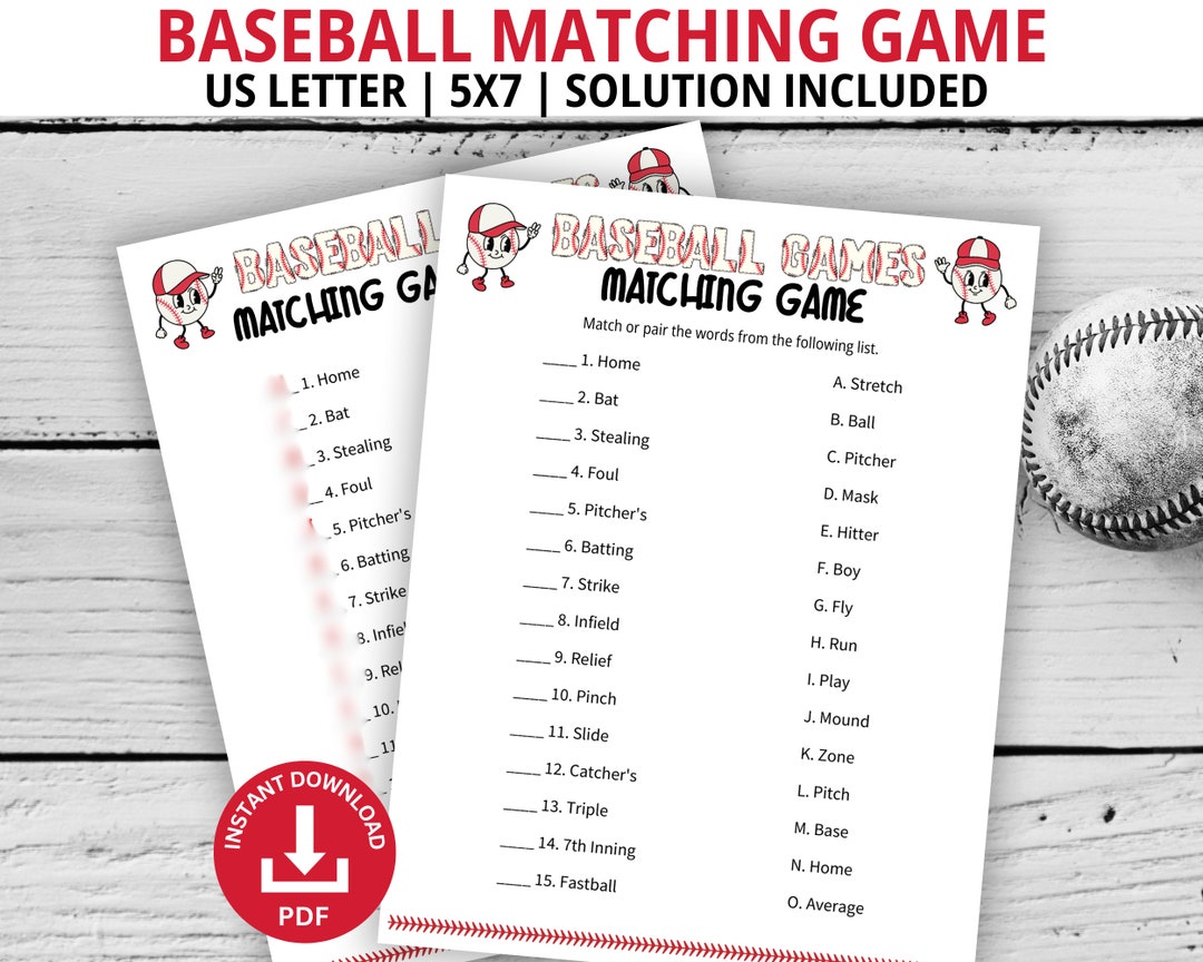 Baseball Matching Game, Baseball Party Game, Family Game Night, Word ...