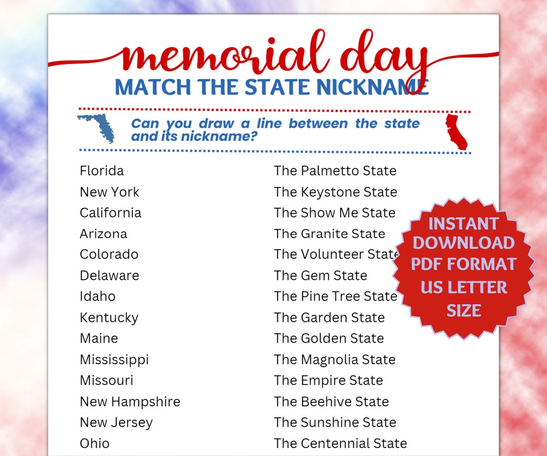 State Nicknames Trivia Game Memorial Day Game Group Games - Etsy