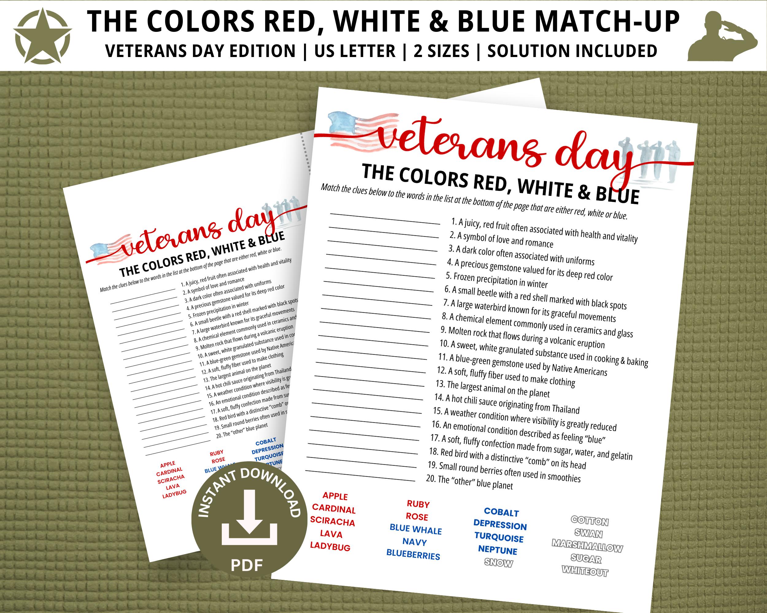 The Colors Red White and Blue, Matching Game, Veterans Day Games ...