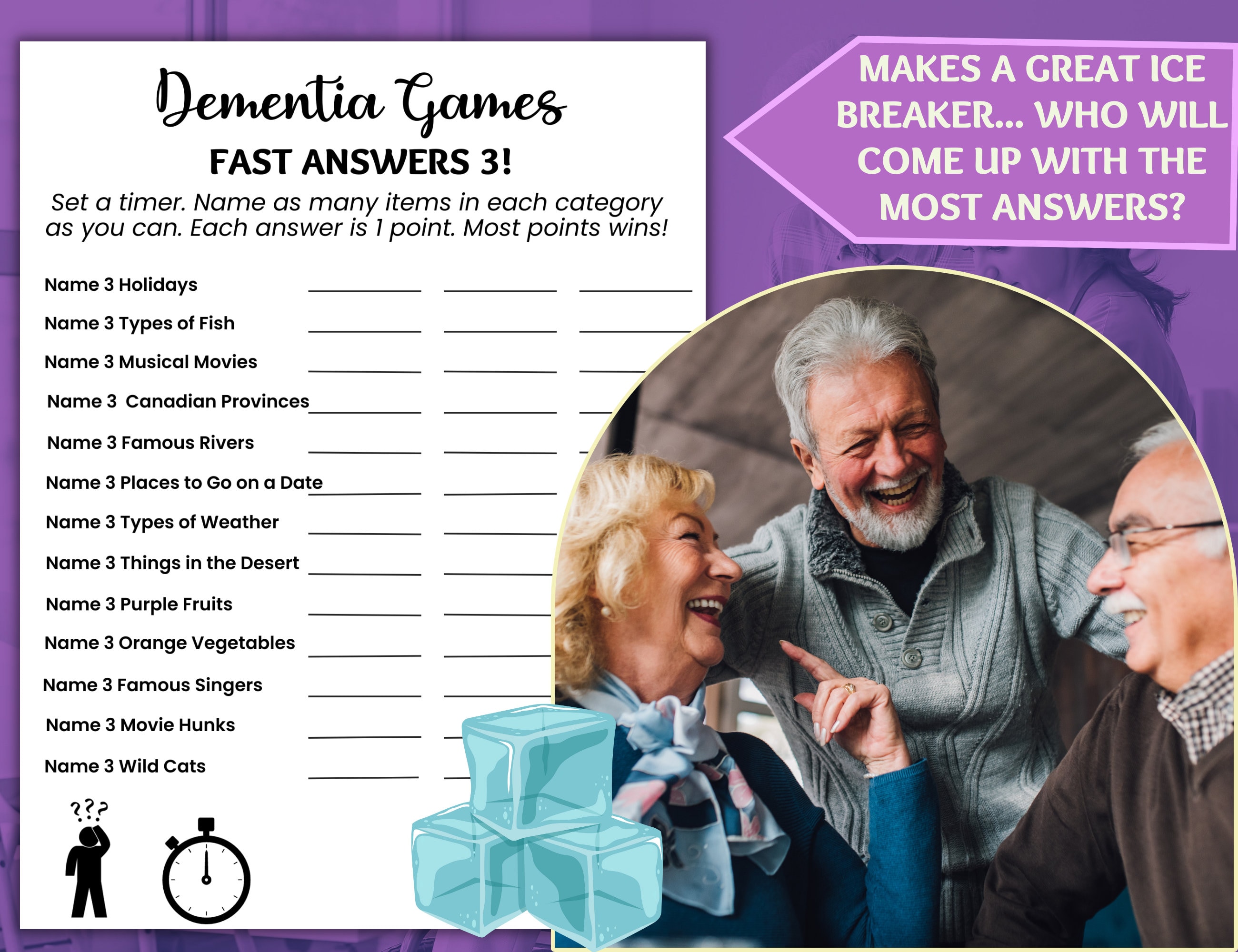 Dementia Fast Answers Game Bundle, Ice Breaker Game, Dementia ...