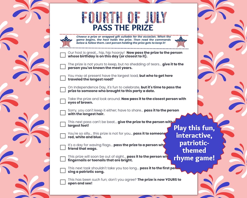 Pass the Gift Game, 4th of July Game, Pass the Prize Game, Patriotic ...