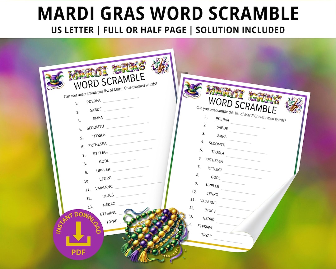 Mardi Gras Word Scramble, Mardi Gras Games, Mardi Gras Party Games ...