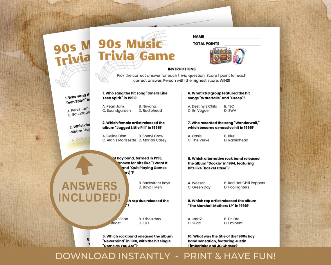 90s Trivia Game, Music Trivia, Printable Trivia Game, Family Game Night ...