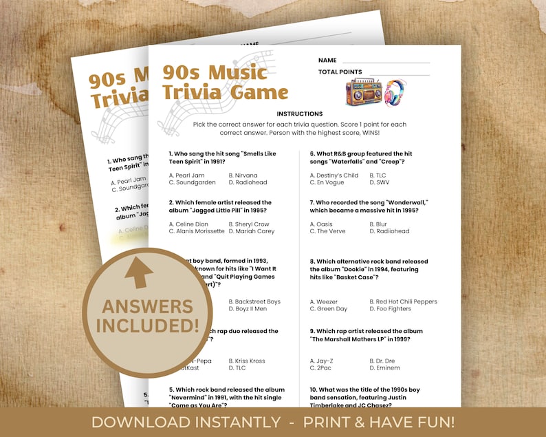 90s Trivia Game, Music Trivia, Printable Trivia Game, Family Game Night ...