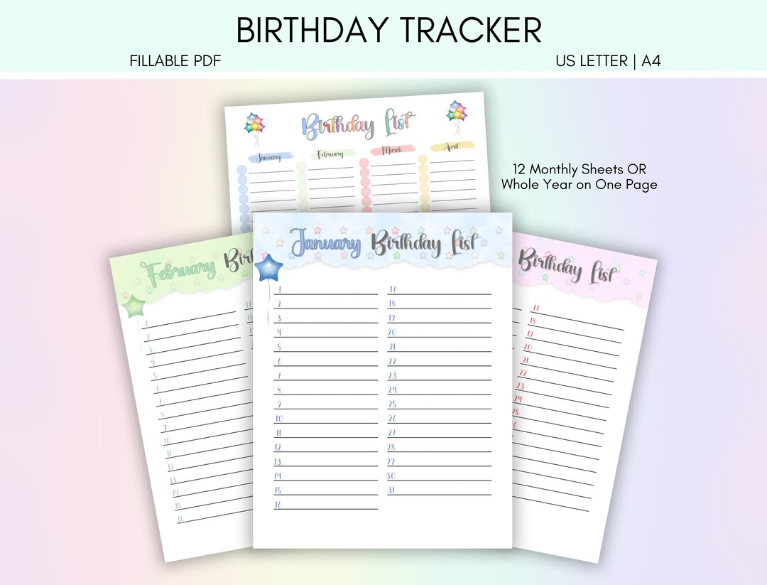 Editable Birthday Tracker, Birthday Chart, Birthday Calendar, Fillable ...
