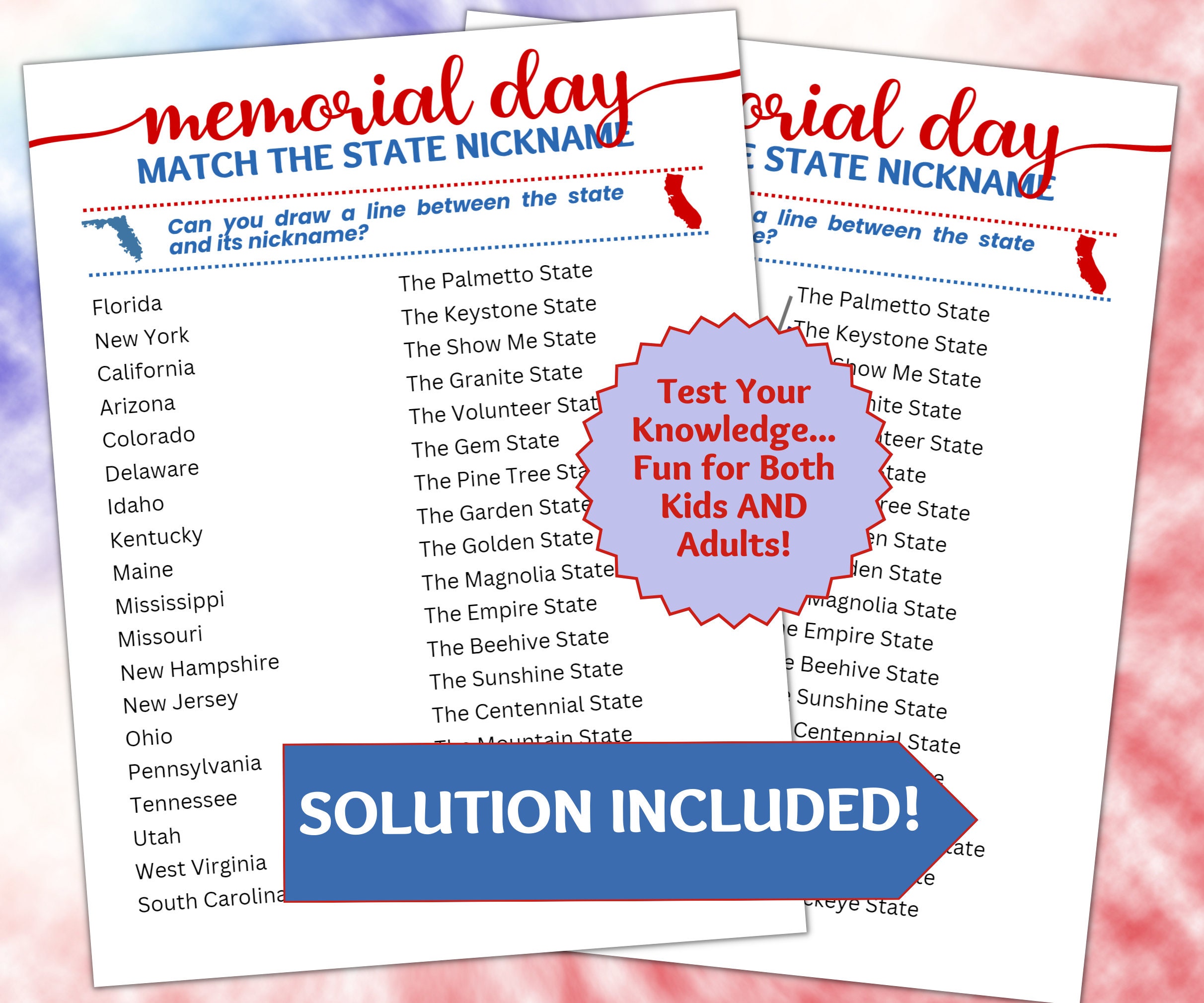 State Nicknames Trivia Game Memorial Day Game Group Games - Etsy