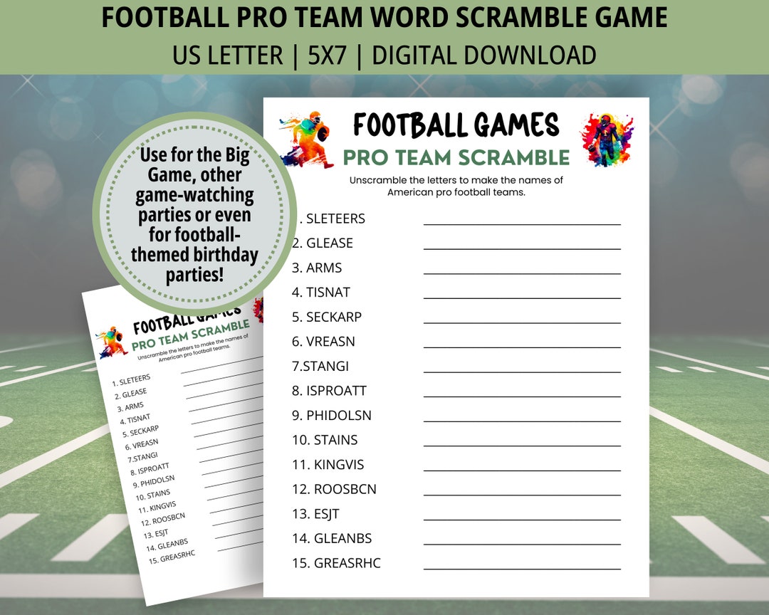 Football Word Scramble, Football Pro Team Scramble, Family Game Night ...