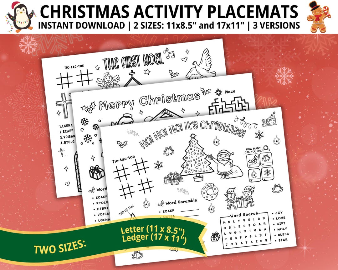 Christmas Activity Placemats, 2 Sizes/3 Versions, Christmas Party Games ...