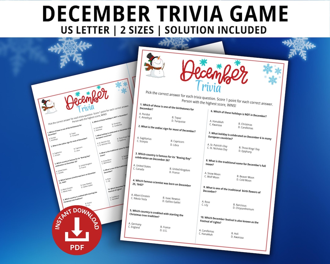December Trivia Game, Monthly Trivia, December Games, Family Game Night ...