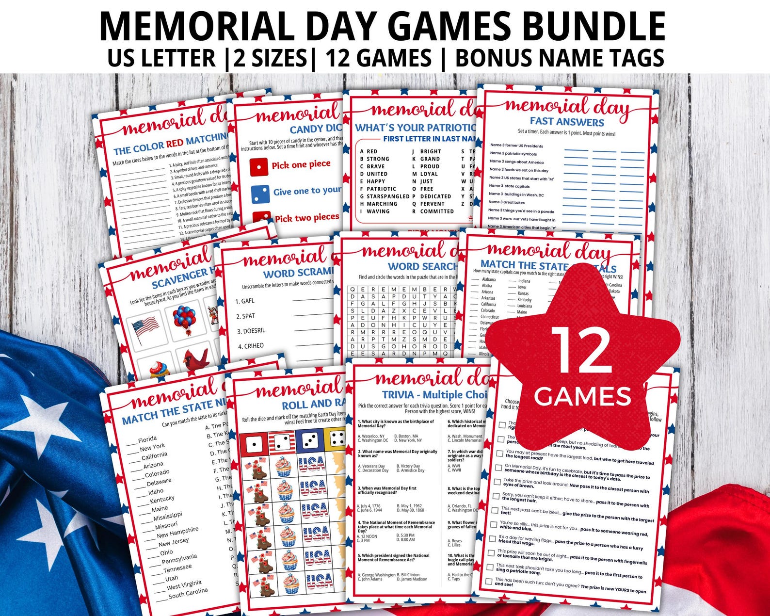 Memorial Day Games, 12 Game Bundle, Trivia Games, Patriotic Games ...