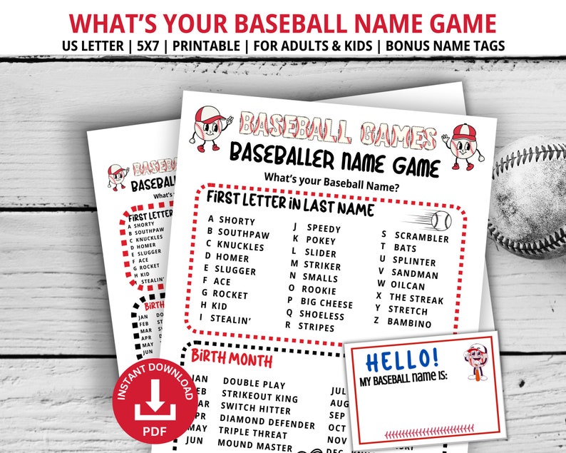 What's Your Baseball Name Game, Baseball Party Games, Family Game Night ...