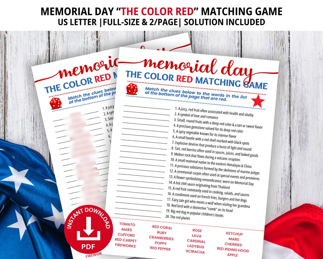 Memorial Day the Color Red, Trivia Game, Memorial Day Games, Memorial ...