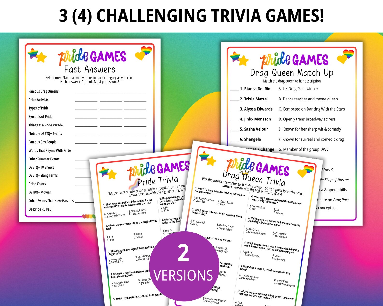 Pride Games, 12-GAME BUNDLE, Pride Party Games, Pride Trivia, Drag ...