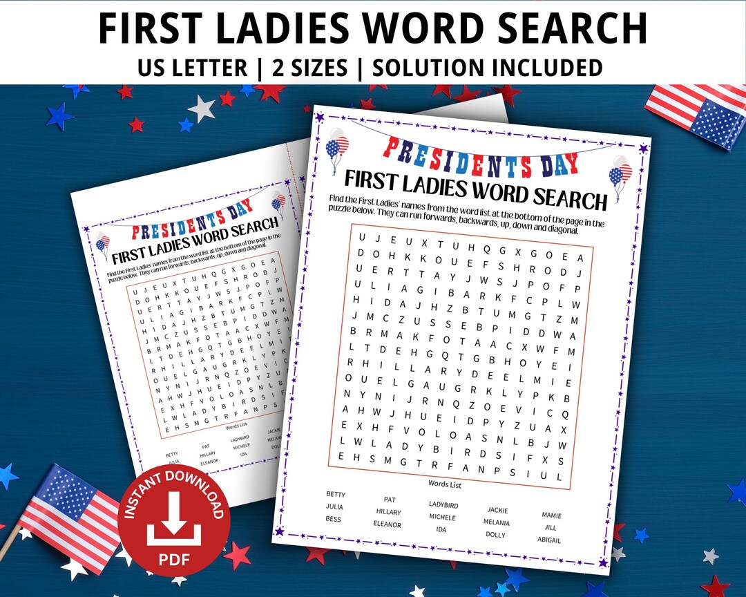 First Ladies Word Search, Presidents Day Word Search, Patriotic Games ...