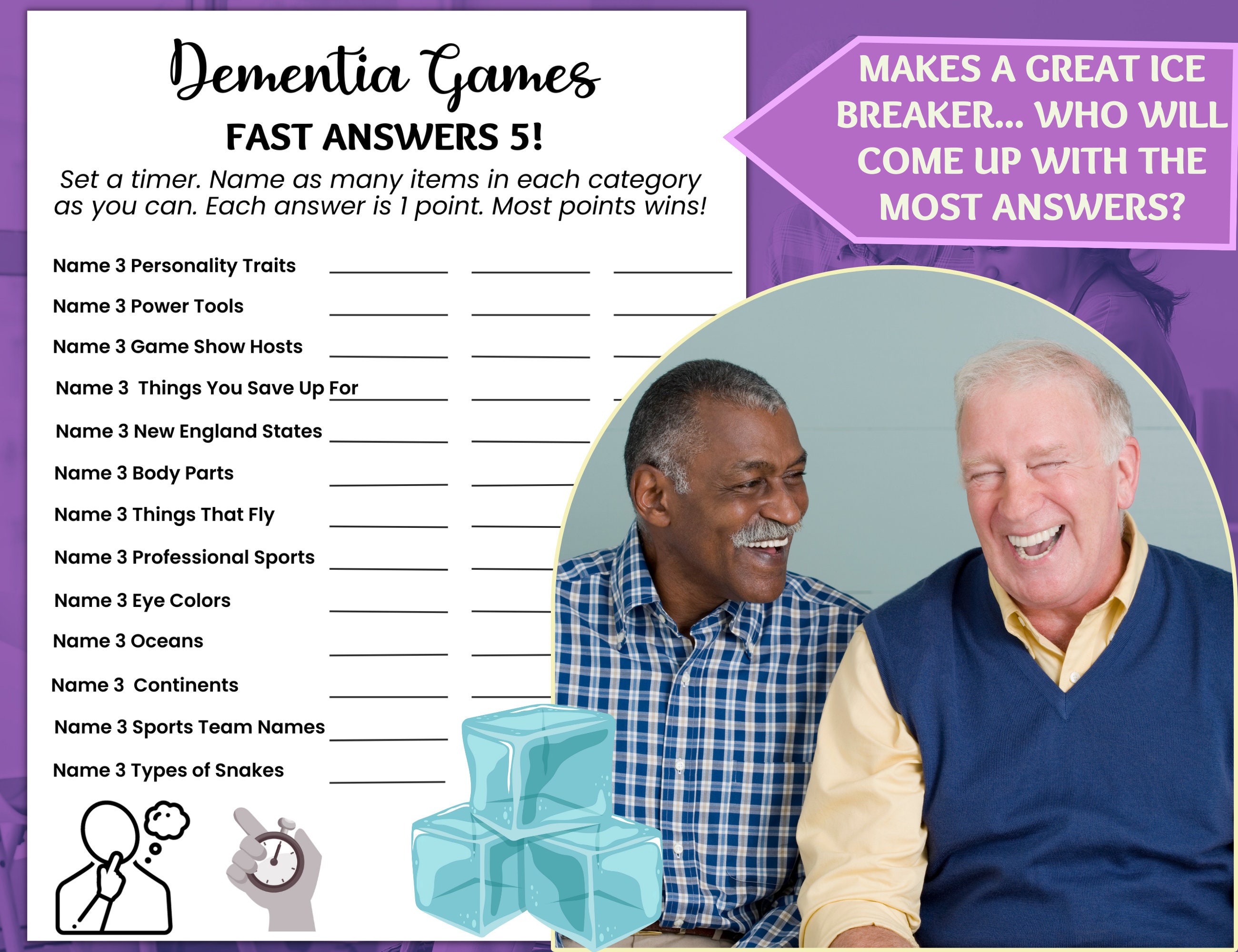 Dementia Fast Answers 5 Game, Ice Breaker Game, Dementia Activities ...
