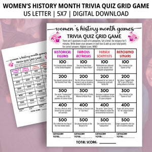 Womens History Month Trivia Quiz Grid Game, Womens History Month ...