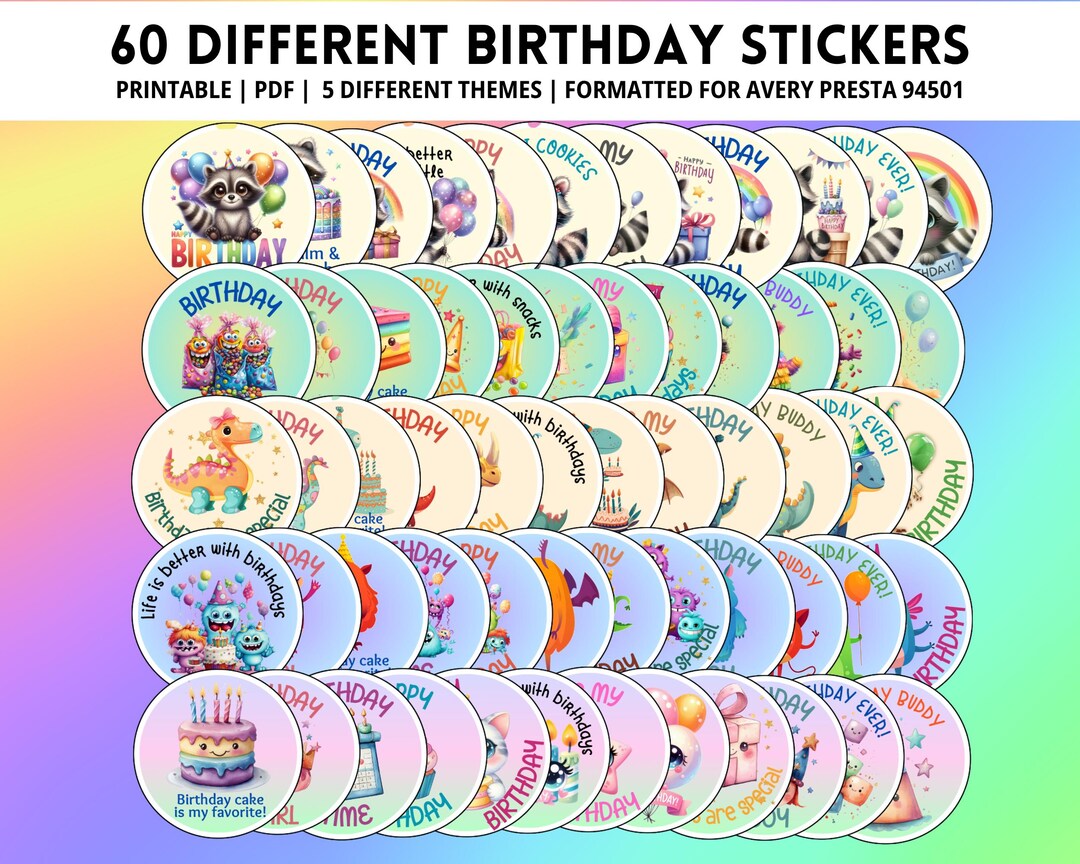 Printable Birthday Stickers Bundle, 60 Designs, Birthday Stickers ...