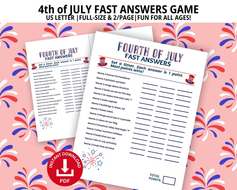 4th of July Fast Answers Game, Patriotic Games, Family Game Night, 4th ...