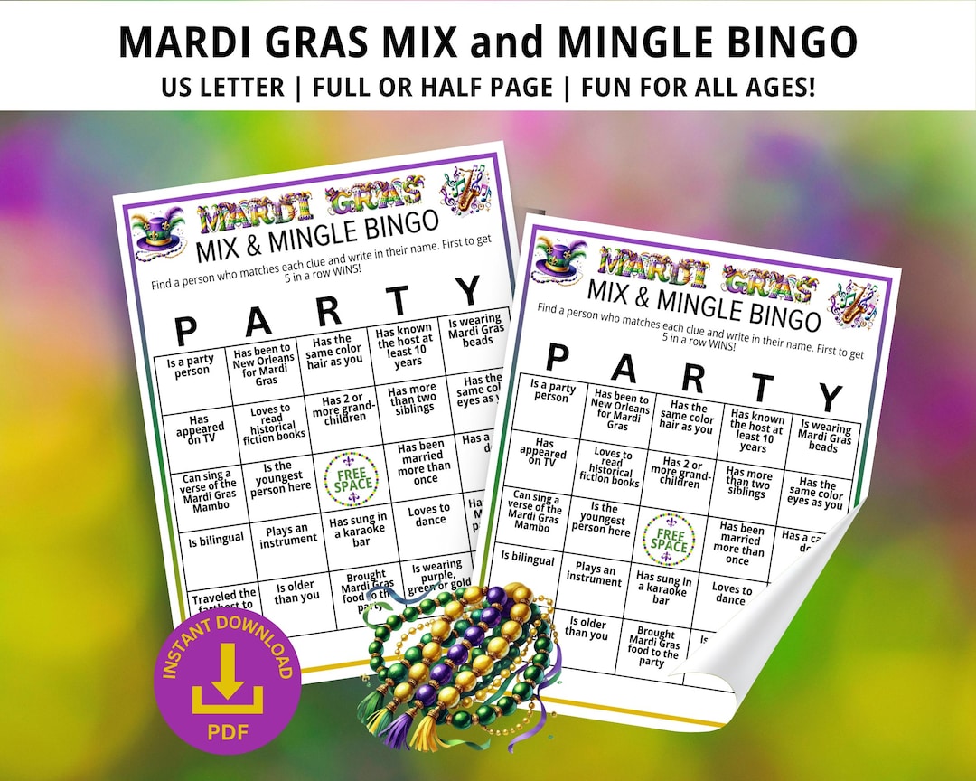 Mardi Gras Mix and Mingle Bingo, Mardi Gras Games, Mardi Gras Party ...