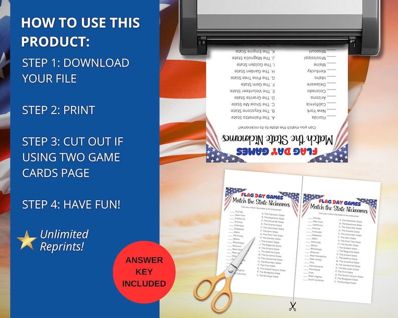 State Nicknames Matching Game, Flag Day Games, Patriotic Games ...