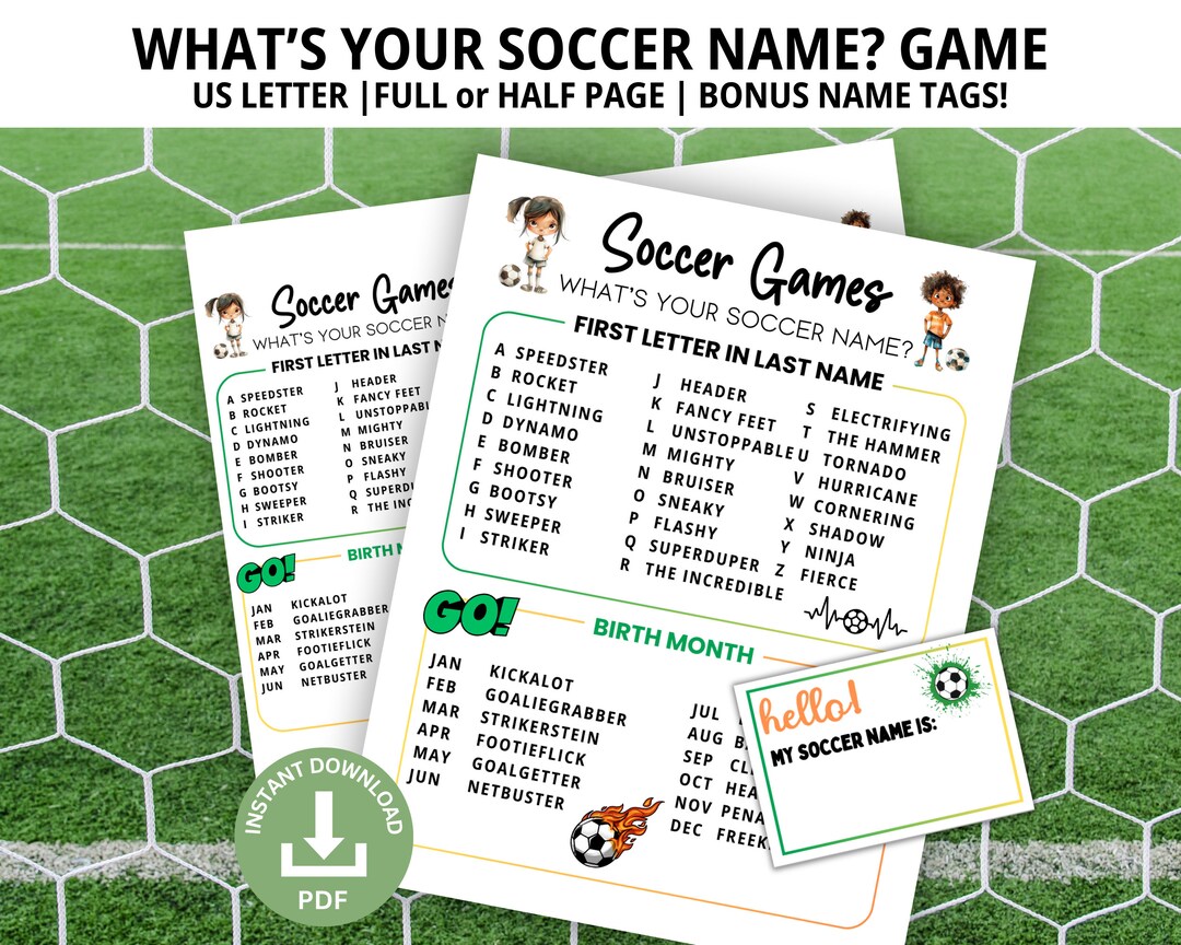 What's Your Soccer Name Game, Soccer Games, Family Game Night, Soccer ...