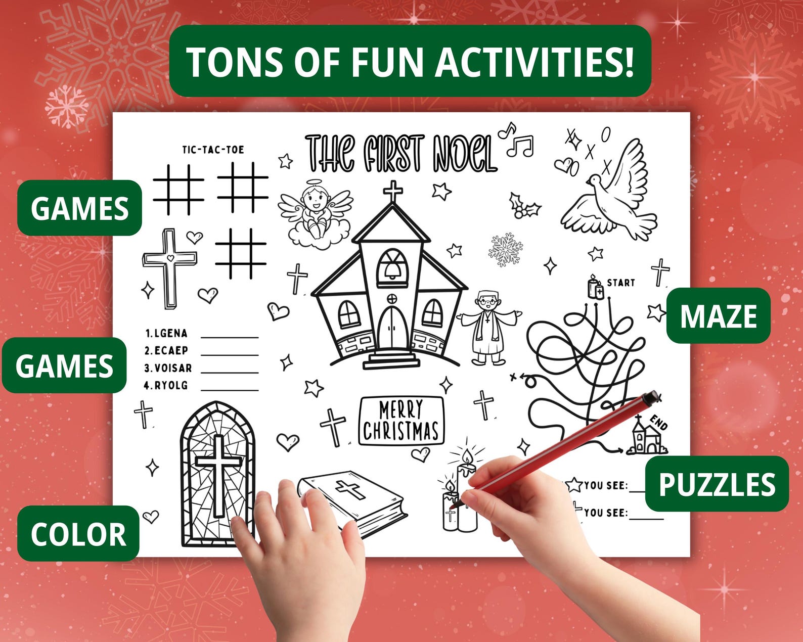 Christmas Activity Placemats, 2 Sizes/3 Versions, Christmas Party Games ...