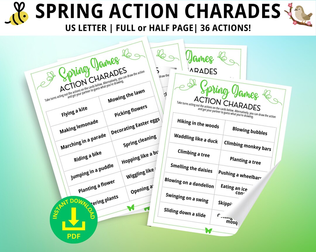 Spring Action Charades Game, Spring Game, Spring Charades, Spring Class ...