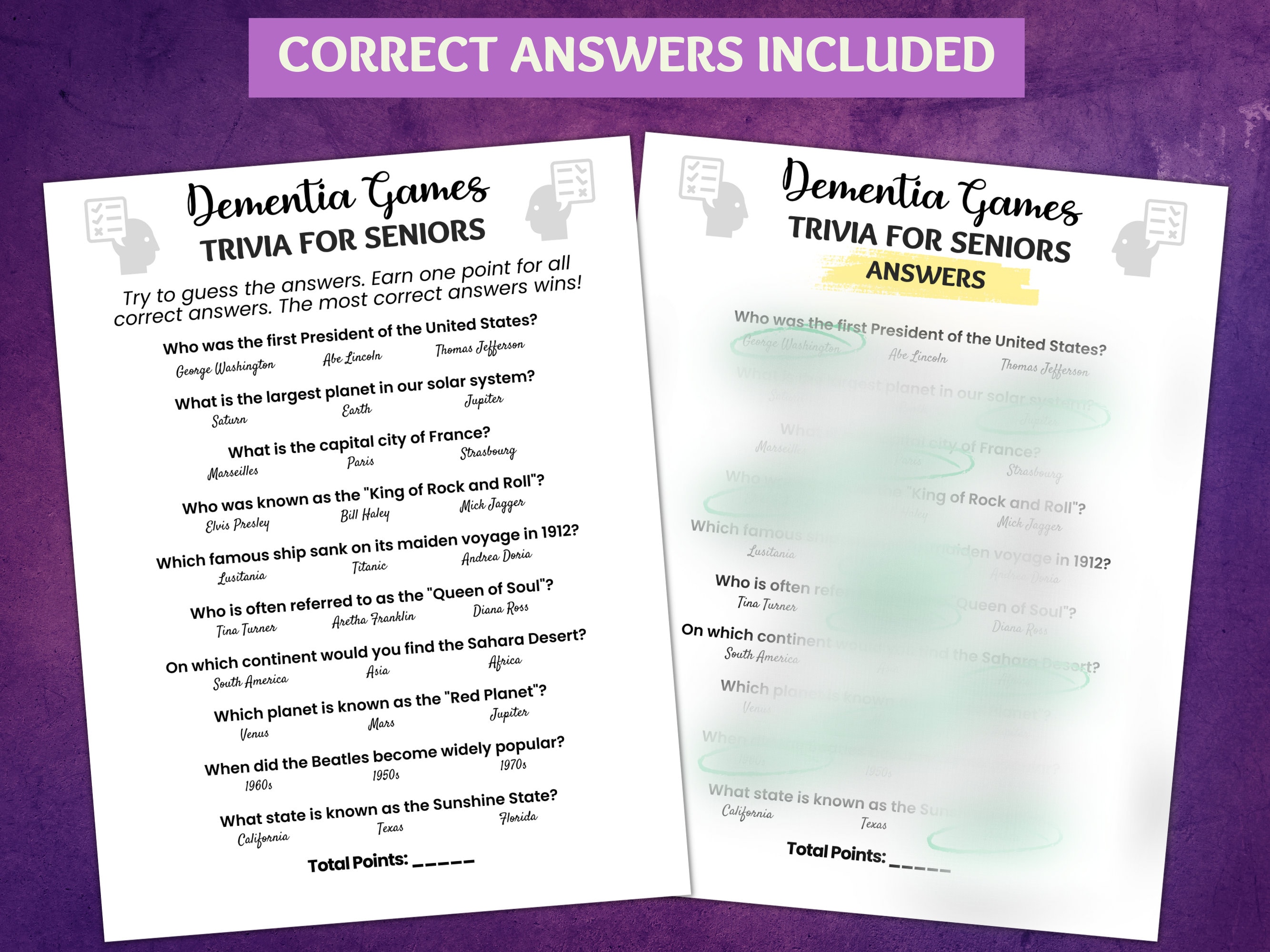 Trivia for Seniors Game, Ice Breaker Game, Dementia Activities ...