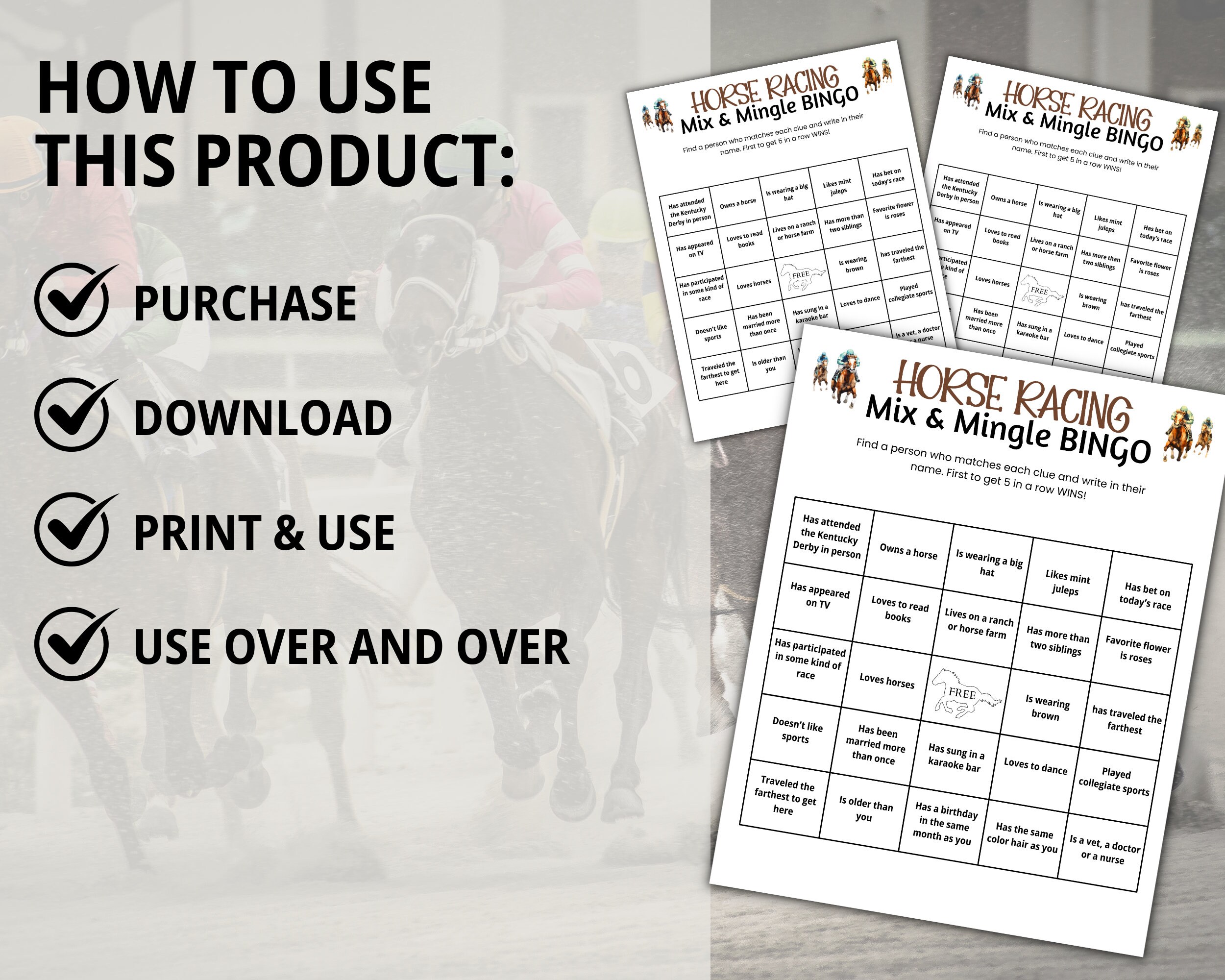Horse Racing Mix and Mingle Bingo, Horse Race Game, Family Game Night ...