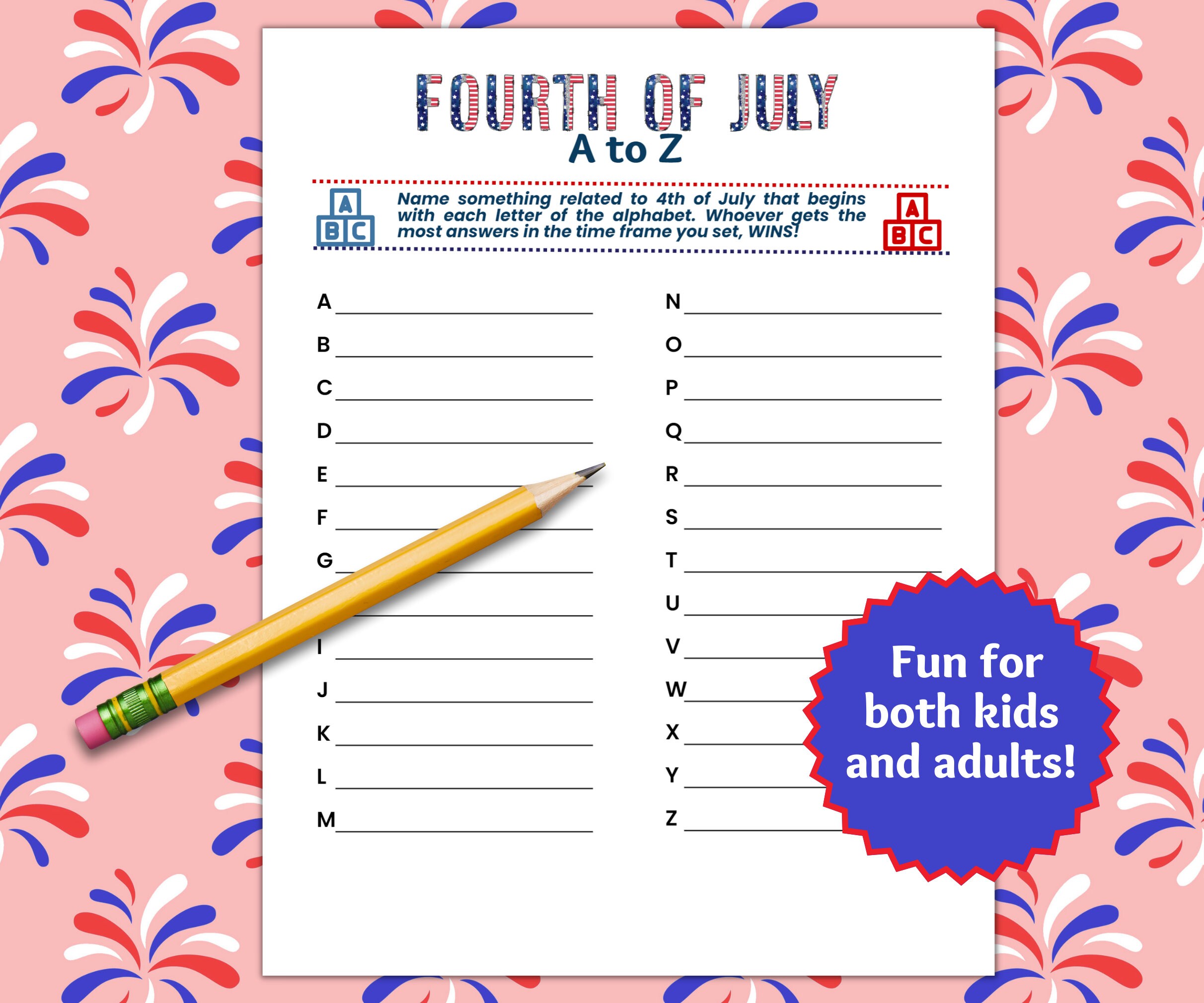 Fourth of July A to Z Word Game, Patriotic Word Game, 4th of July Games ...