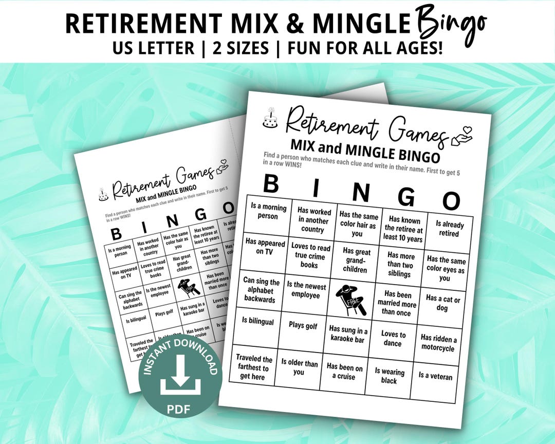 Retirement Mix and Mingle Bingo, Retirement Games, Find the Guest ...