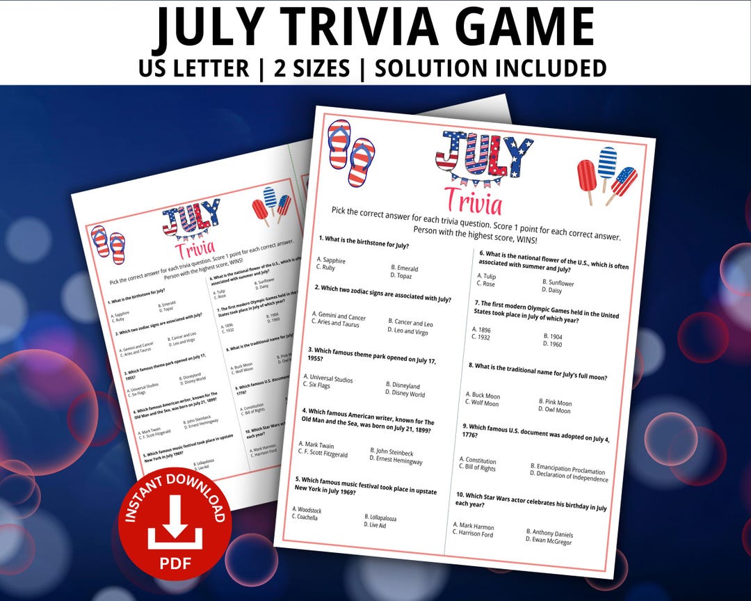 July Trivia Game, Monthly Trivia, July Games, Family Game Night ...