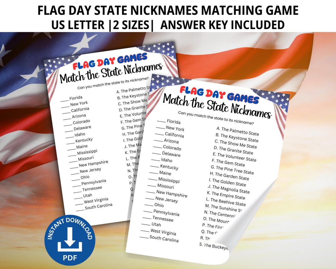 State Nicknames Matching Game, Flag Day Games, Patriotic Games ...