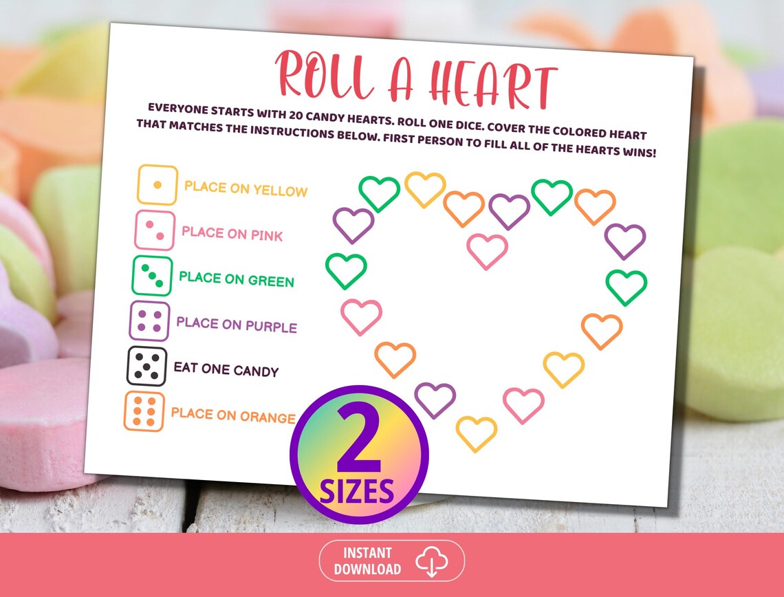 Valentines Roll a Heart Game, Valentine Party Game, Valentines Activity ...