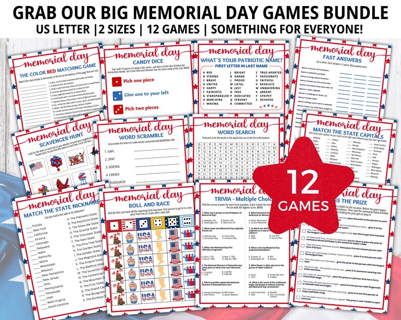 State Capitals Trivia Game, Memorial Day Game, Matching Game, Patriotic ...