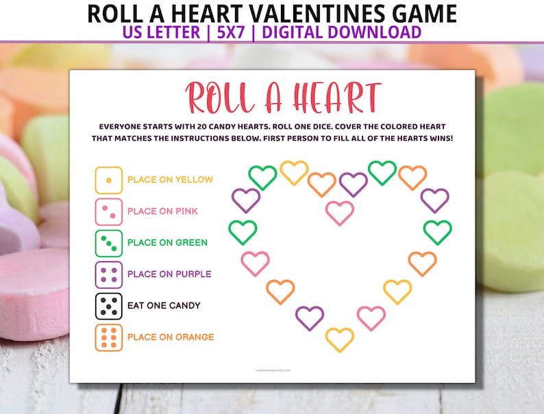 Valentines Roll a Heart Game, Valentine Party Game, Valentines Activity ...