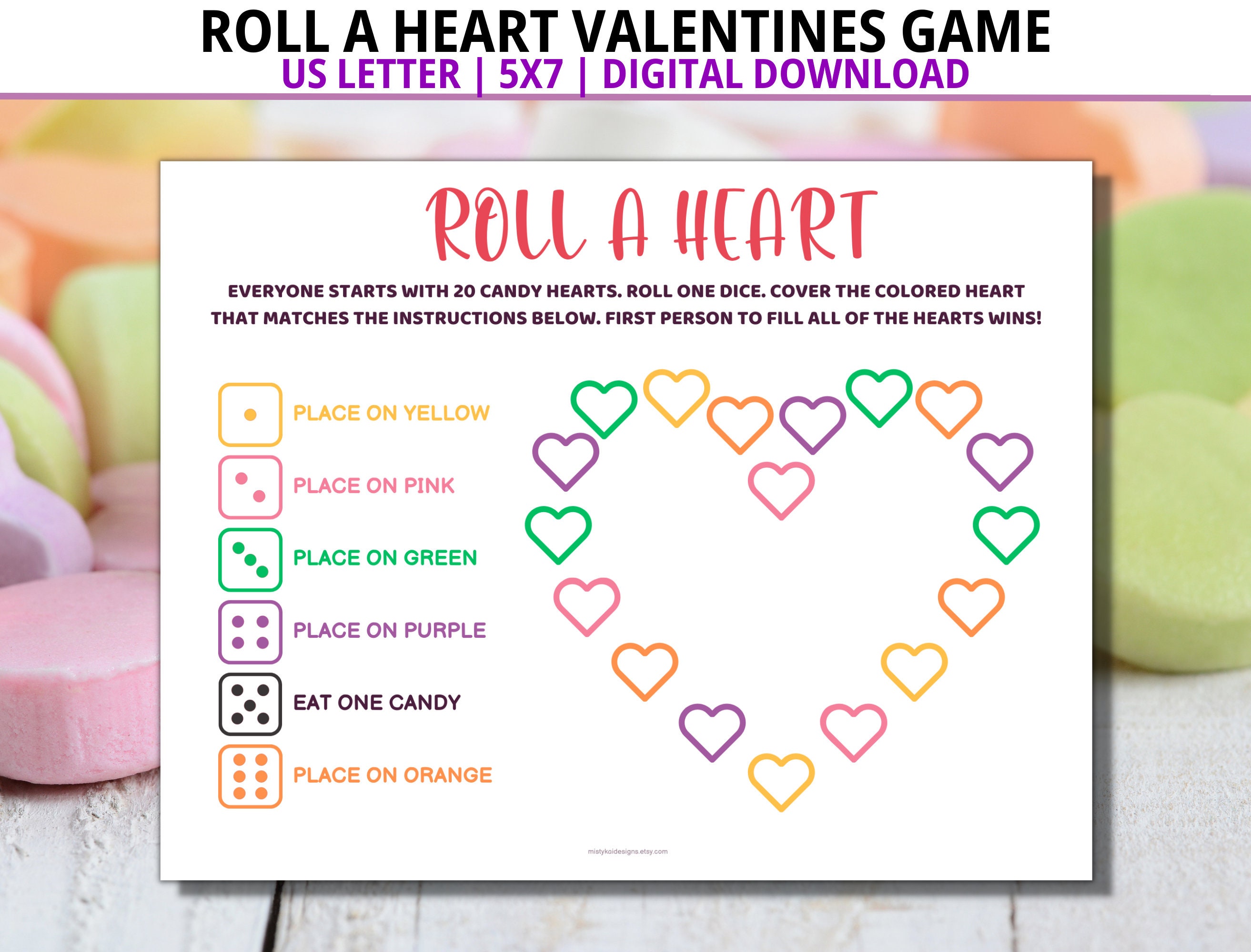 Valentines Roll a Heart Game, Valentine Party Game, Valentines Activity ...