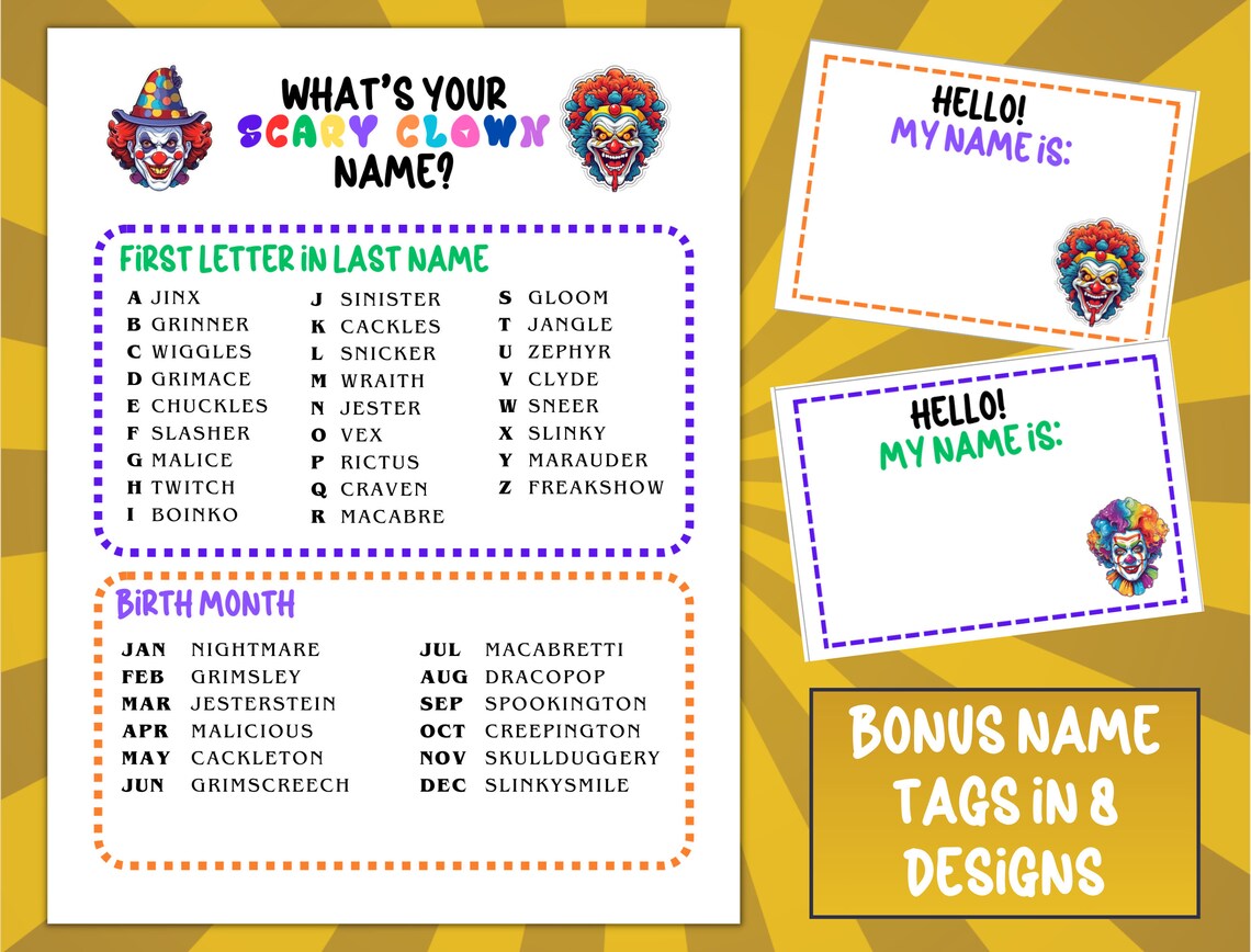 What's Your Scary Clown Name, Halloween Name Game, Whats Your Name ...