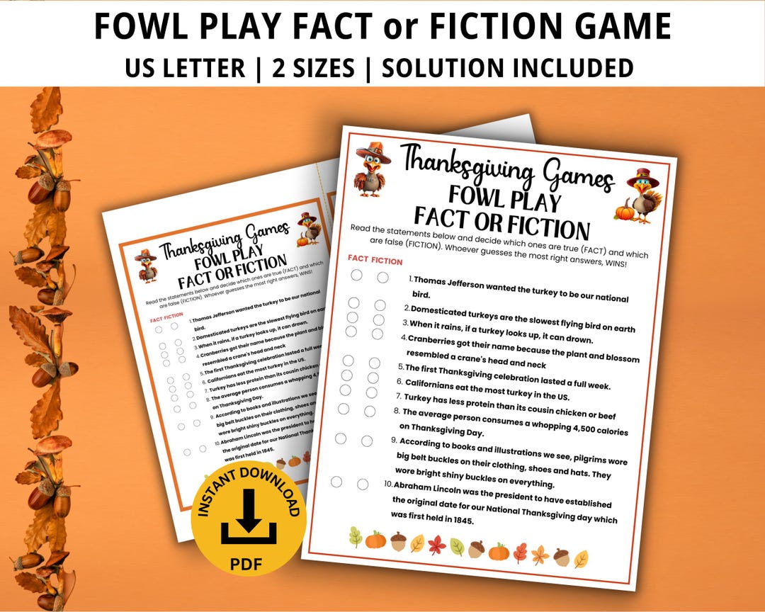 Fowl Play, Fact or Fiction Game, Thanksgiving Trivia Game, Thanksgiving ...