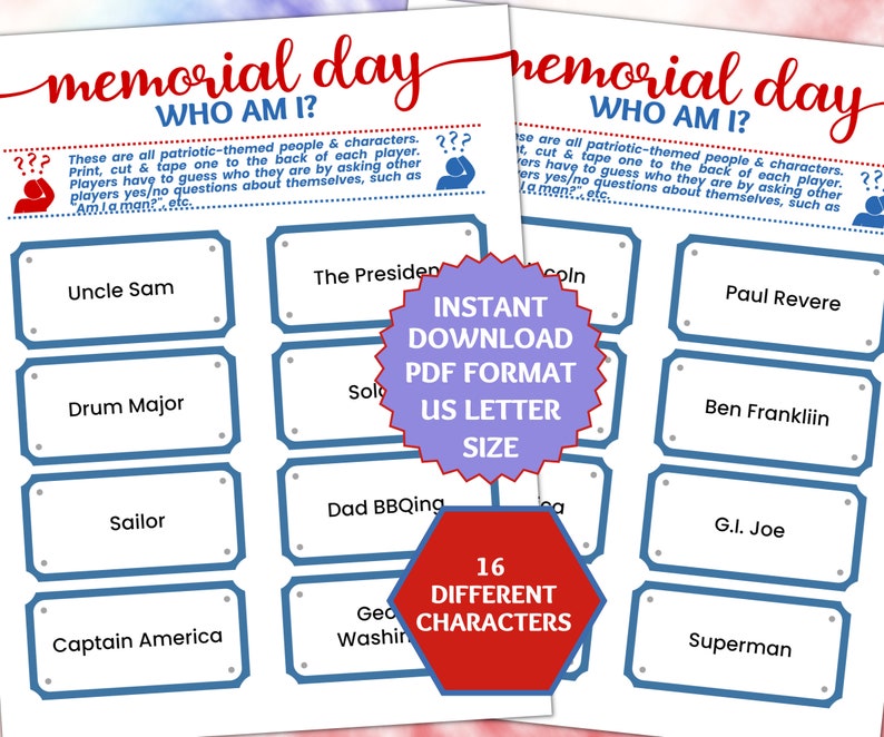 Memorial Day Who Am I Game Memorial Day Games Group Games - Etsy