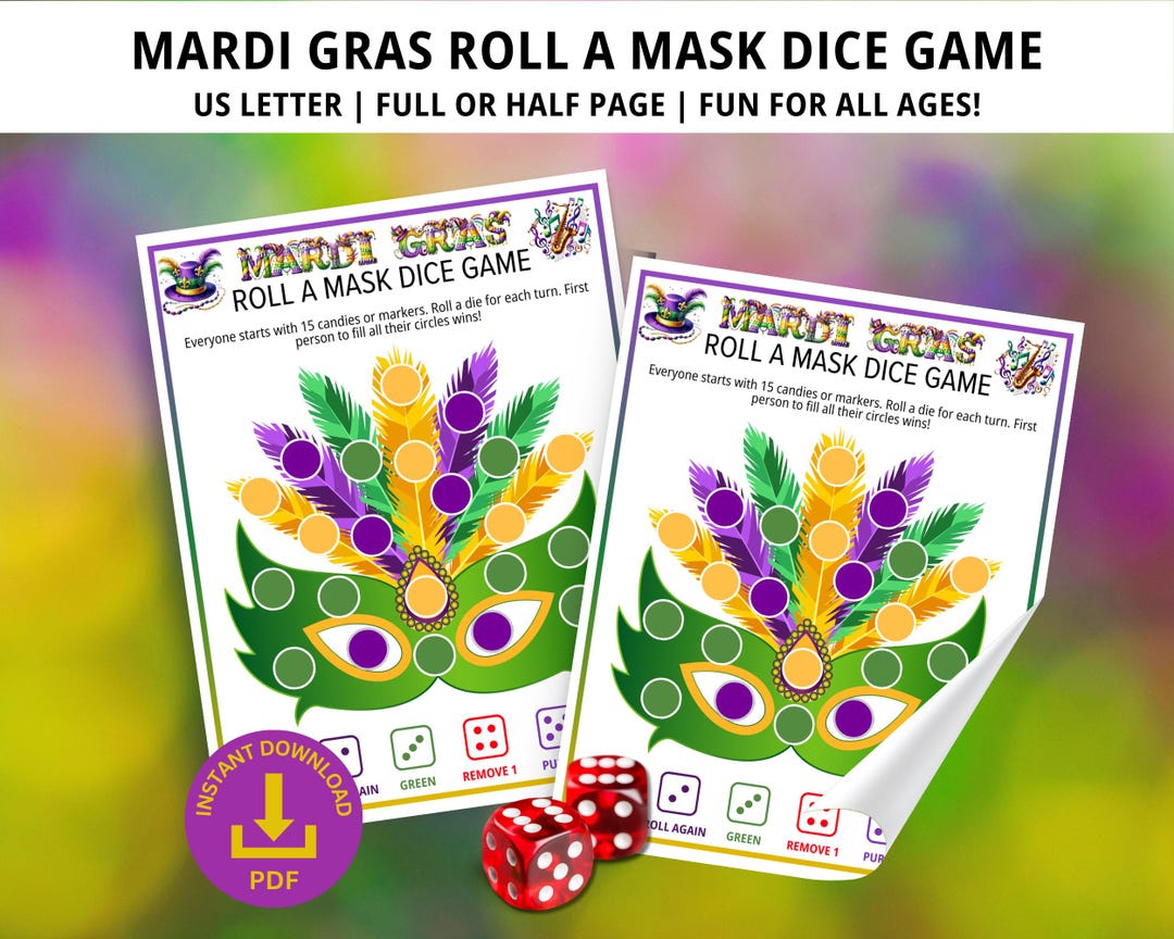 Mardi Gras Roll a Mask Dice Game, Mardi Gras Games, Mardi Gras Party ...