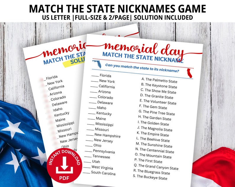 State Nicknames Trivia Game, Memorial Day Game, Group Games, Patriotic ...