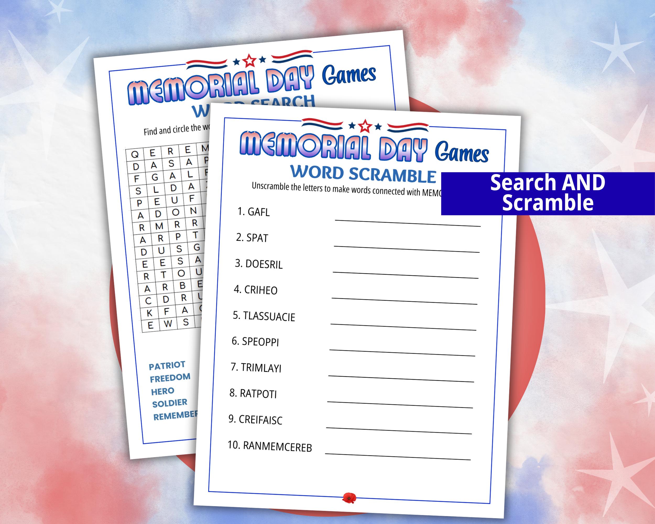 Memorial Day Word Games, Word Search, Word Scramble, Memorial Day Games ...