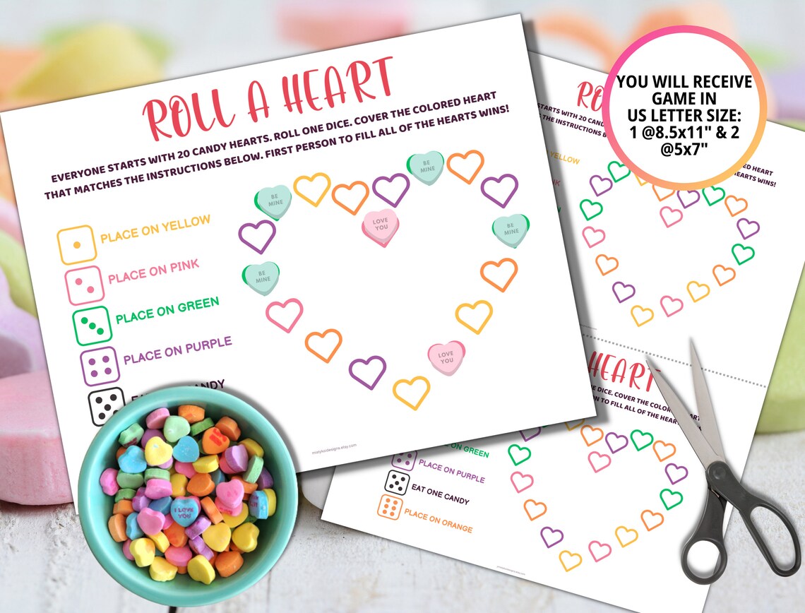 Valentines Roll a Heart Game, Valentine Party Game, Valentines Activity ...