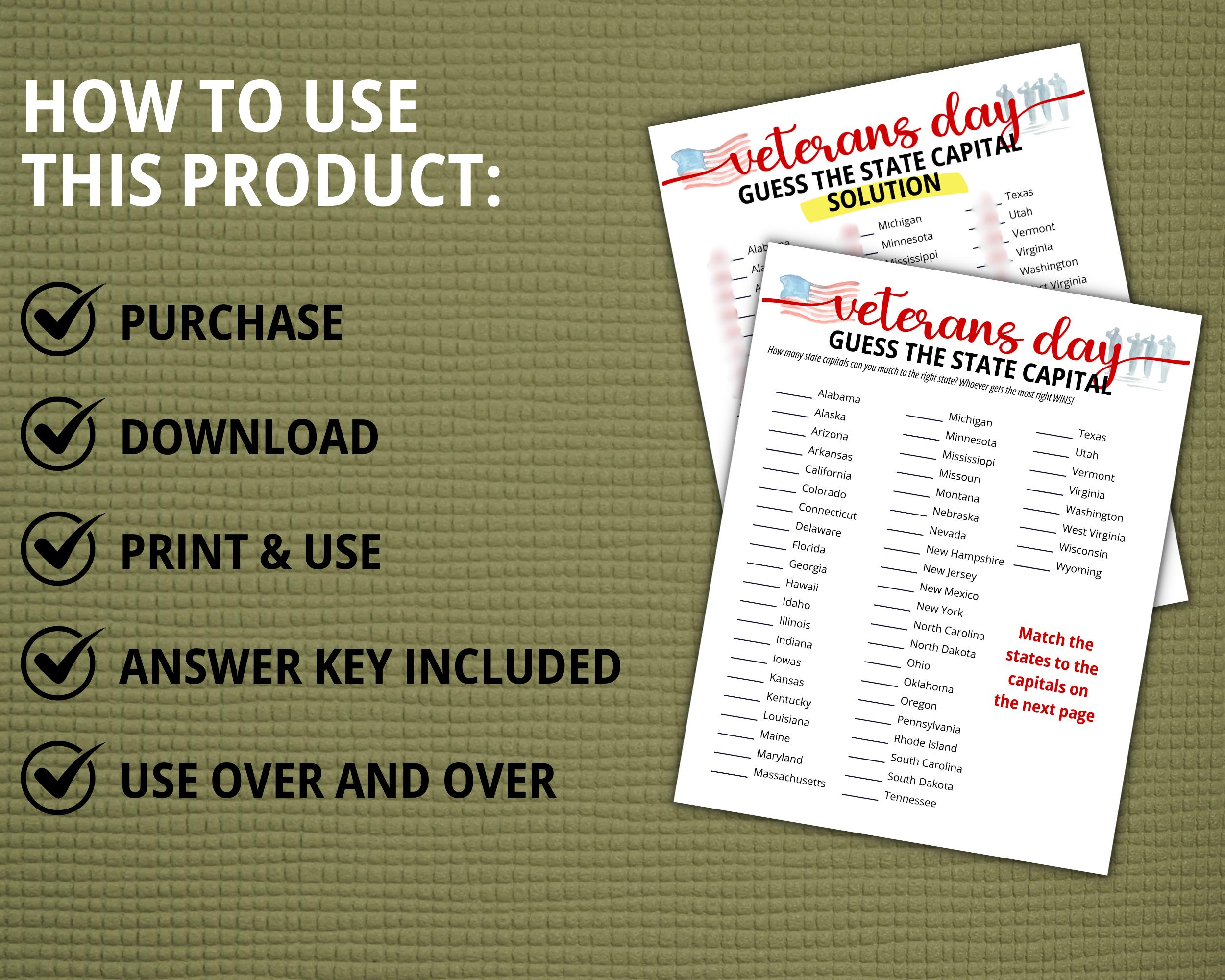 State Capitals, Matching Game, Veterans Day Games, Group Games ...