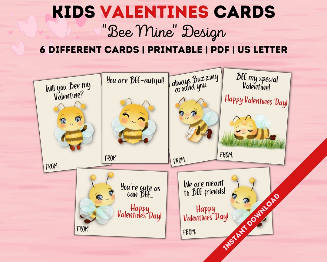 Bumblebee Valentines Cards, Classroom Valentine Cards, Kid Valentine ...