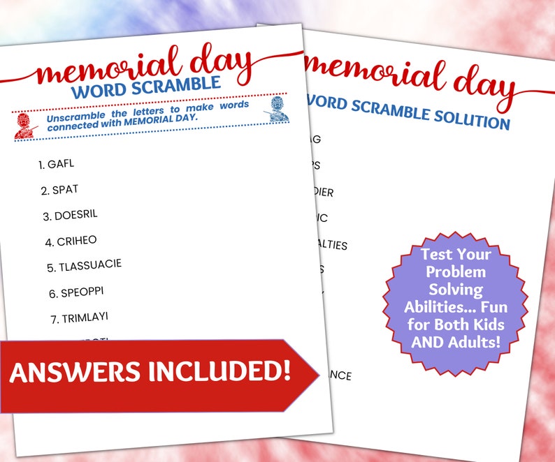 Memorial Day Word Scramble Game Patriotic Word Game Memorial - Etsy