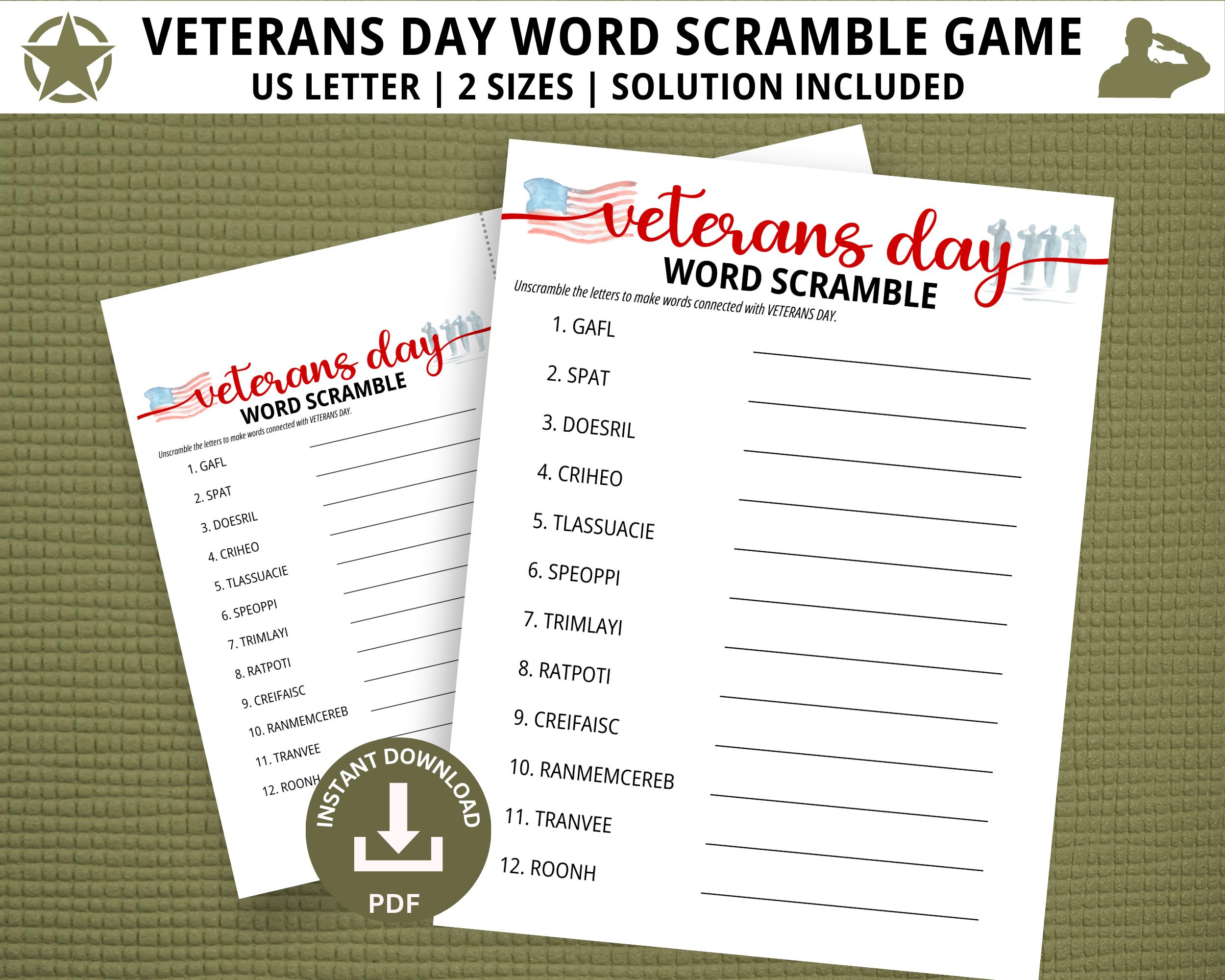 Veterans Day Word Scramble, Veterans Day Word Games, Veterans Day Games ...