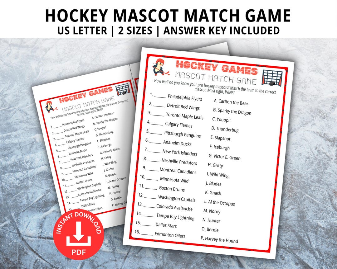 Hockey Mascots Matching Game, Hockey Games, Hockey Party Games, Hockey ...